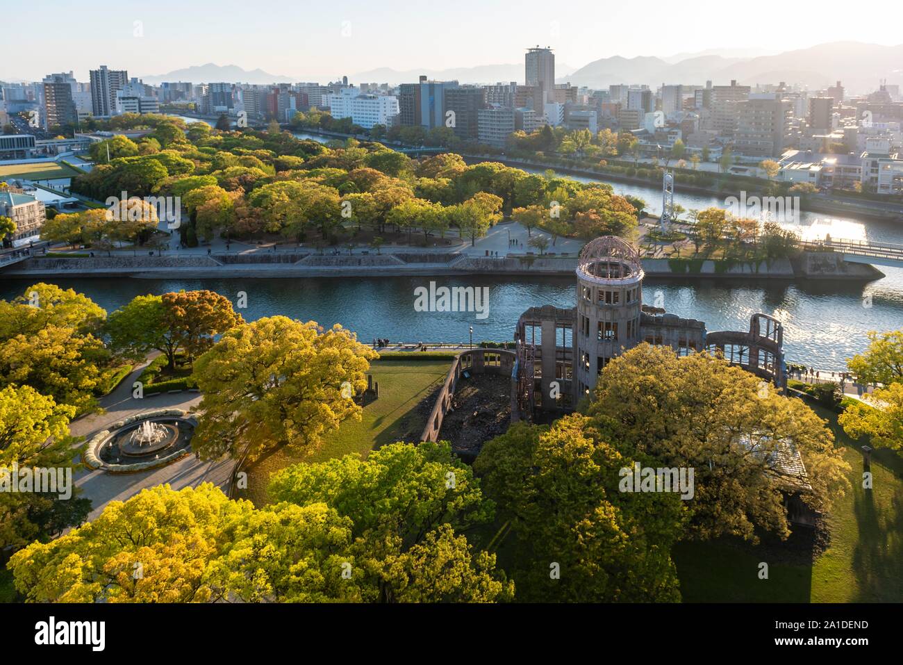 Panoramic view from Hiroshima Orizuru Tower over the city with atomic ...