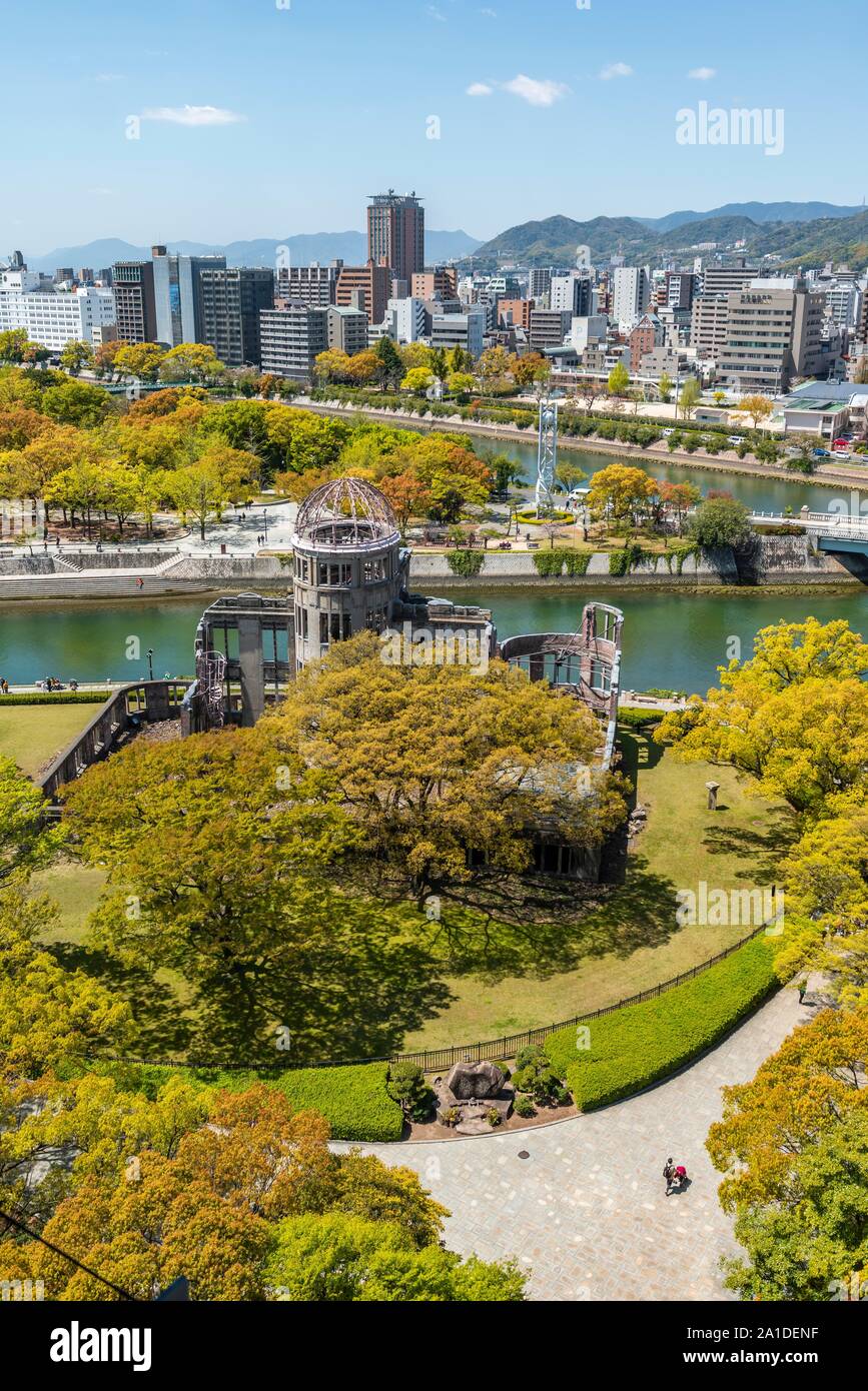 Panoramic view from Hiroshima Orizuru Tower over the city with atomic ...