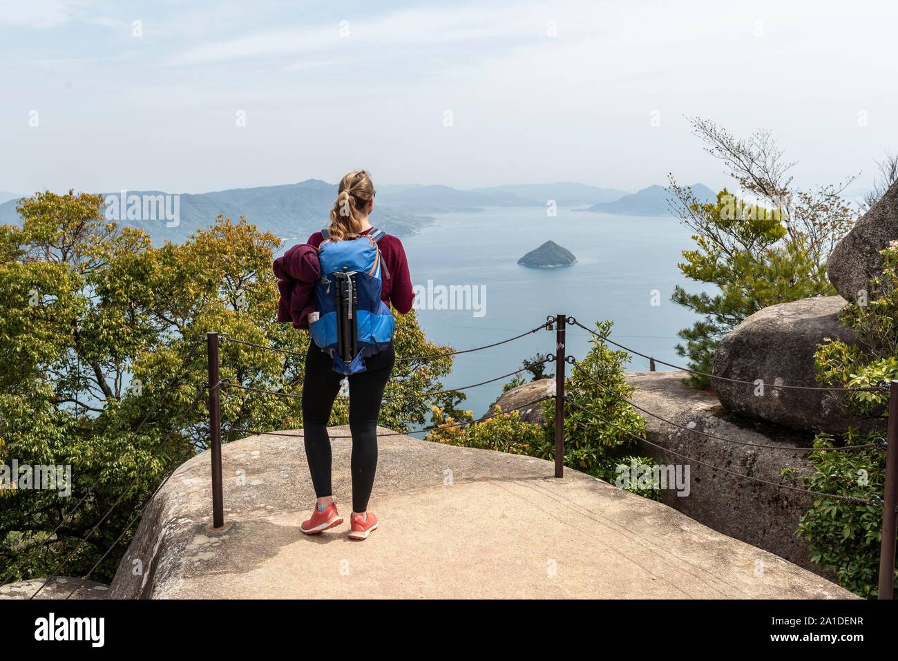Tourist at Mount Misen, view over islands, Miyajima Island, Hiroshima ...