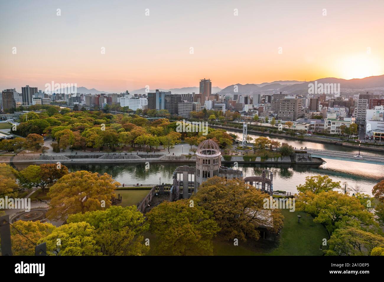 Panoramic view from Hiroshima Orizuru Tower over the city with atomic ...