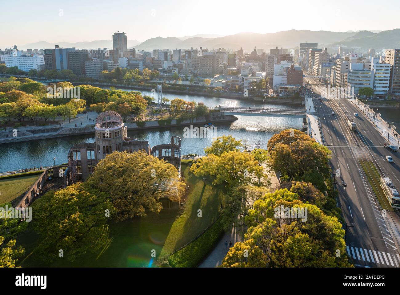 Panoramic view from Hiroshima Orizuru Tower over the city with atomic ...