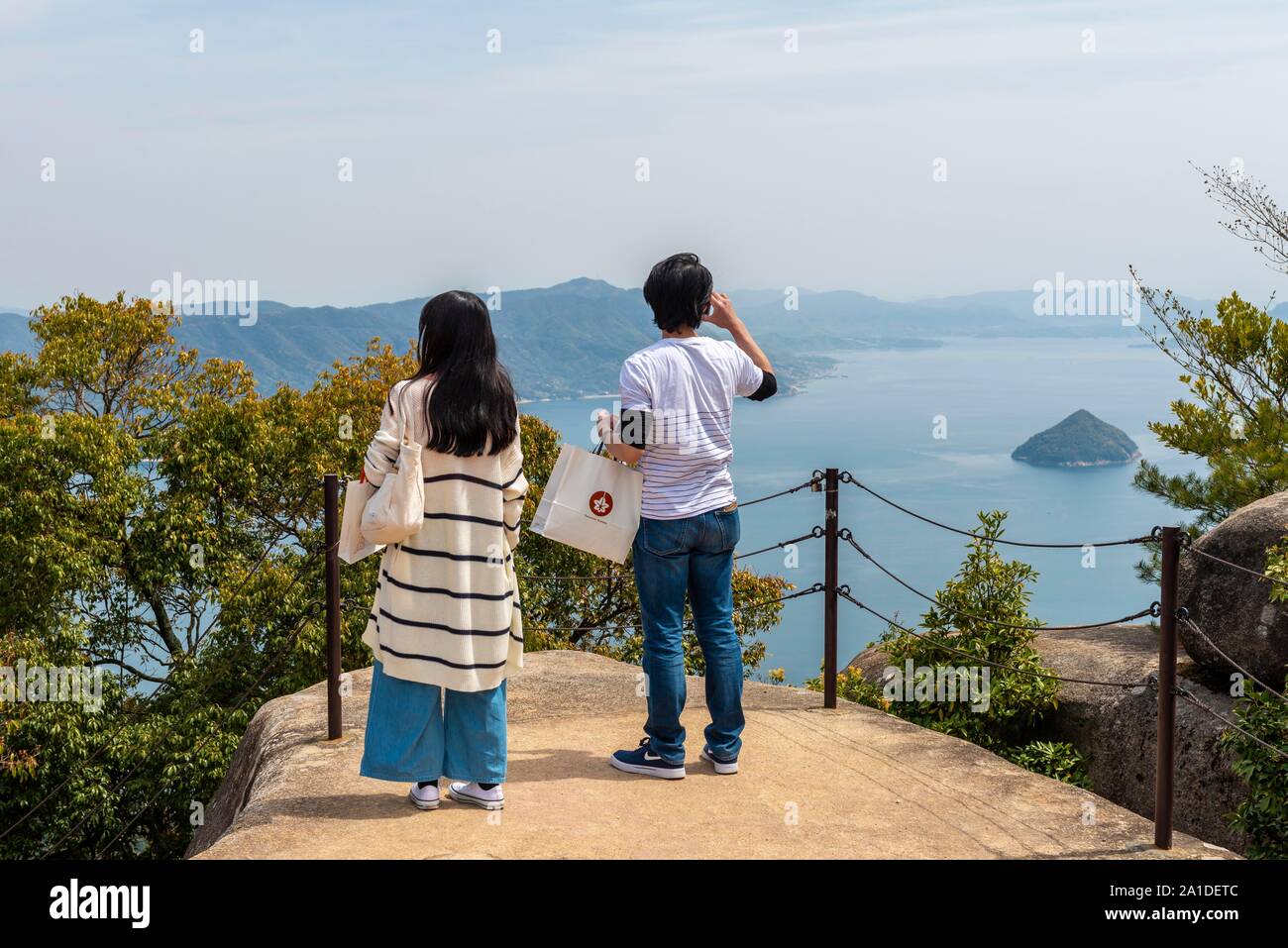Tourists at Mount Misen, View over islands, Island Miyajima, Hiroshima ...