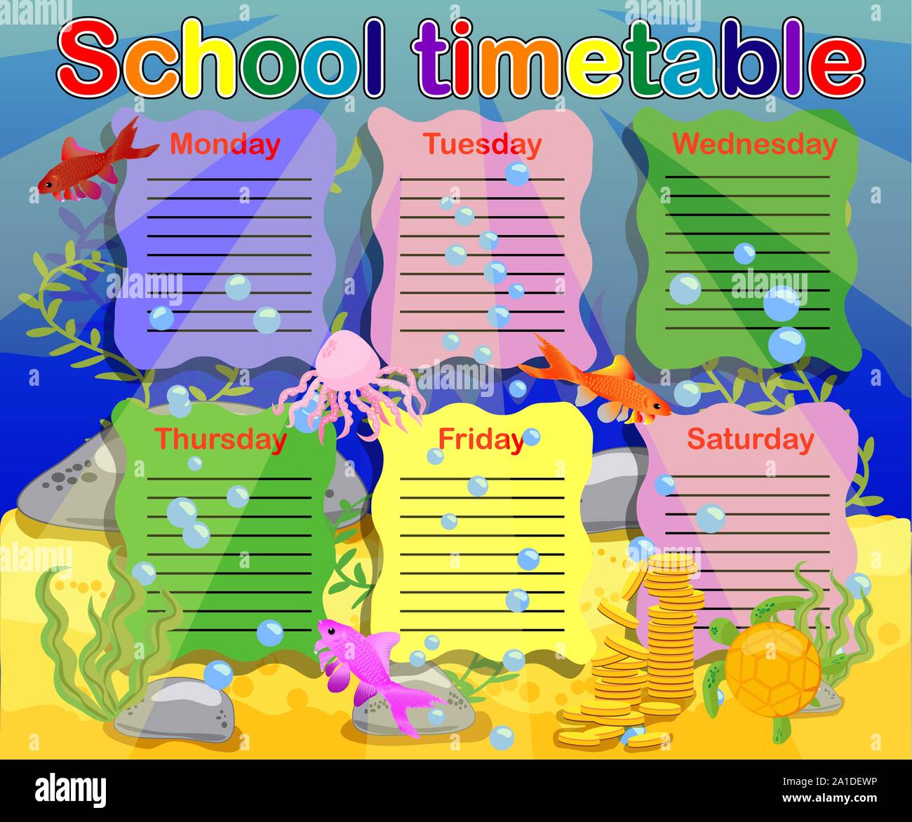 School timetable with marine themes, table, underwater world Stock ...