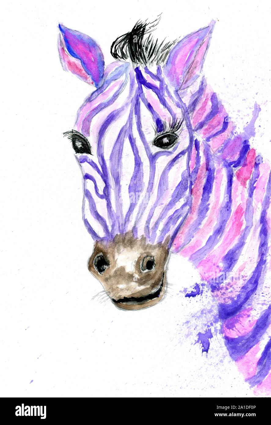 Hand drawn cartoon cute animal, purple zebra watercolor illustration ...