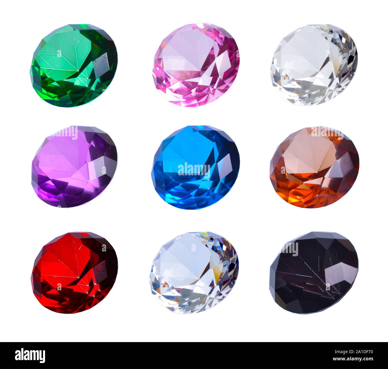 Collection of multicolored glass crystals in the shape of a diamond ...