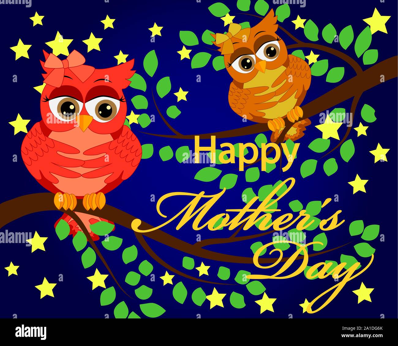 Mother's day owl. Cute illustration of happy mother and kid owl sitting ...