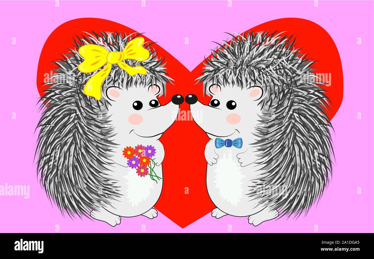 Invitation card with cute cartoon Hedgehogs in love with Heart and ...