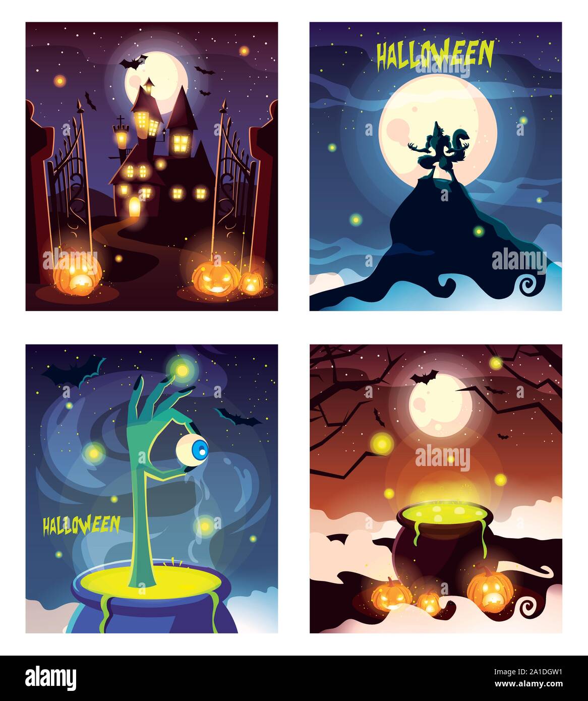 set of cards with halloween scenes vector illustration design Stock ...