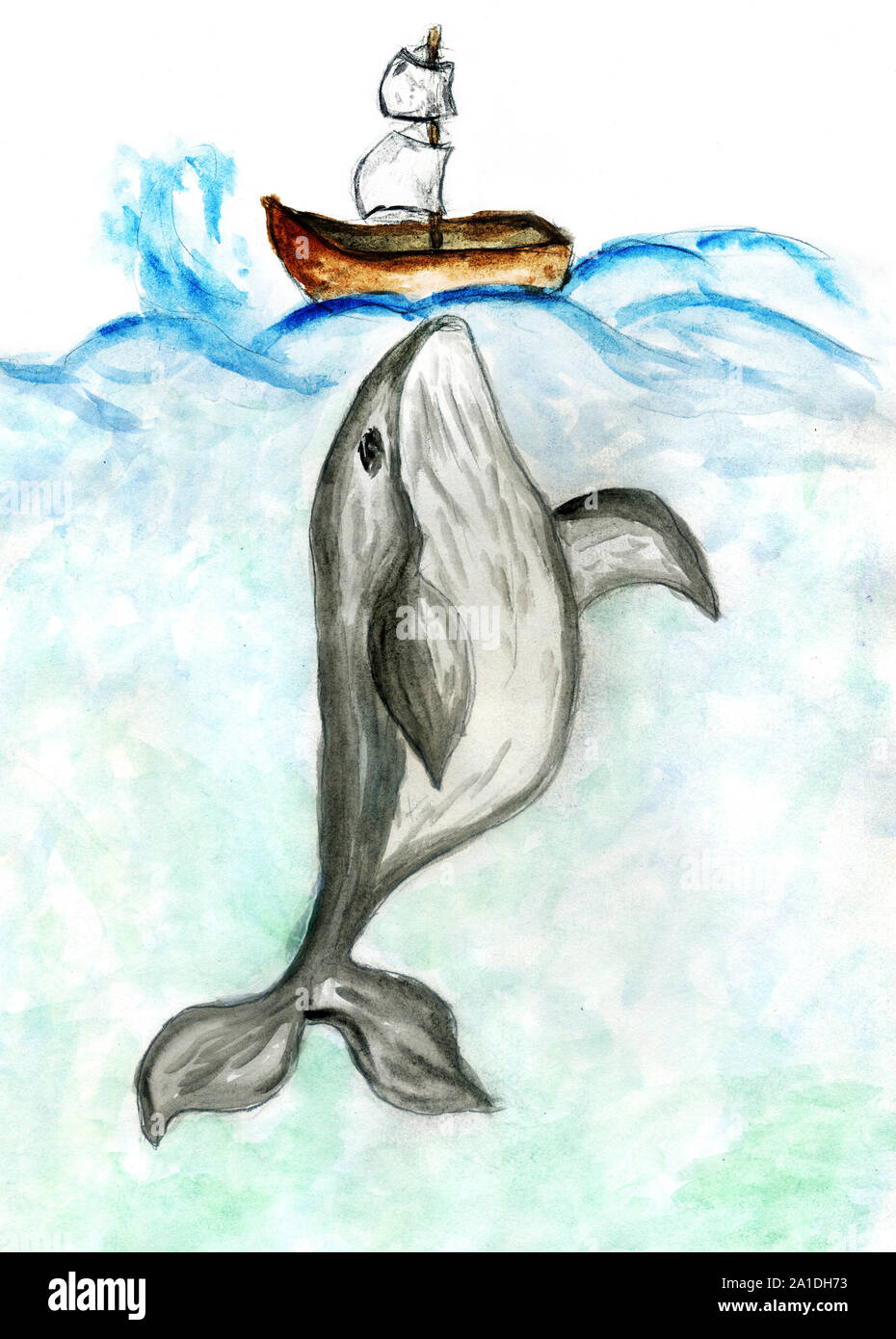 Hand drawn cartoon whale, colorful watercolor illustration Stock Photo ...