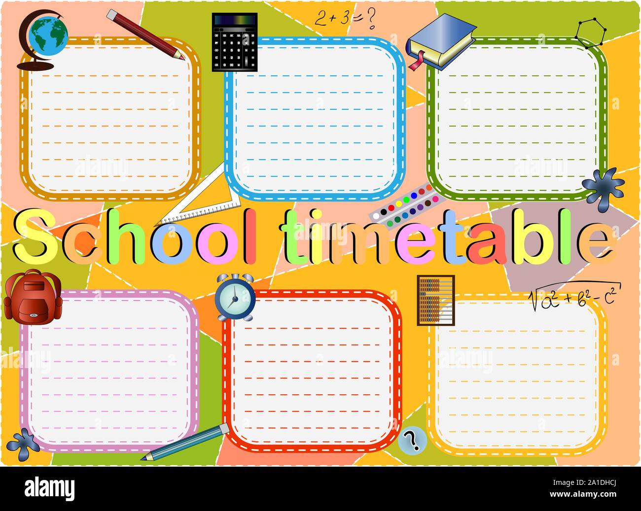 Template school timetable for students or pupils with days of week and ...