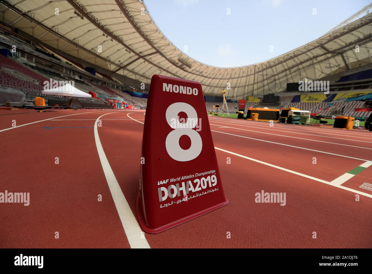 Lane eight signage at the Khalifa International Stadium ahead of the ...