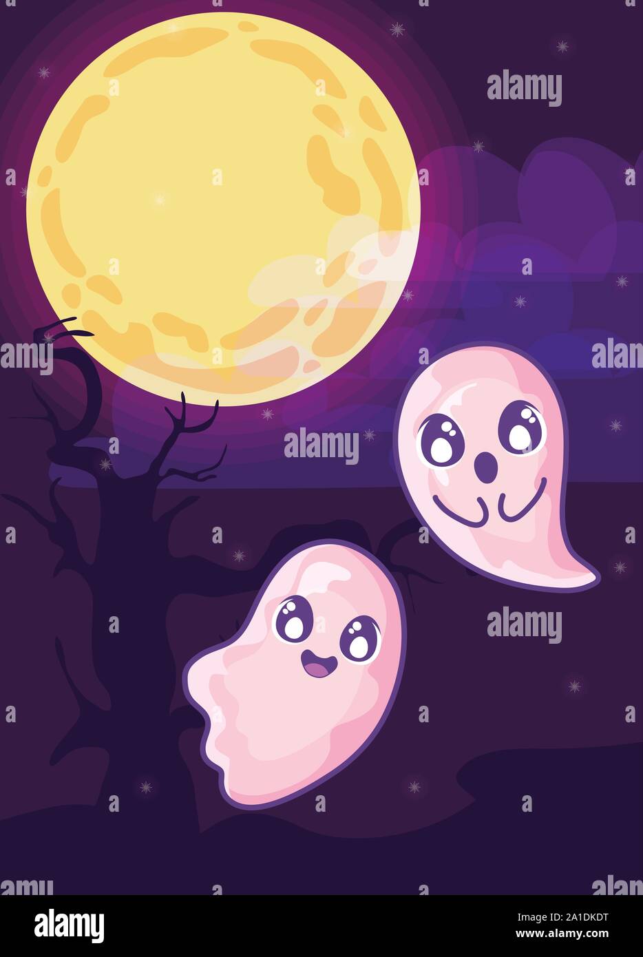 halloween ghost with moon in cemetery scene vector illustration design ...
