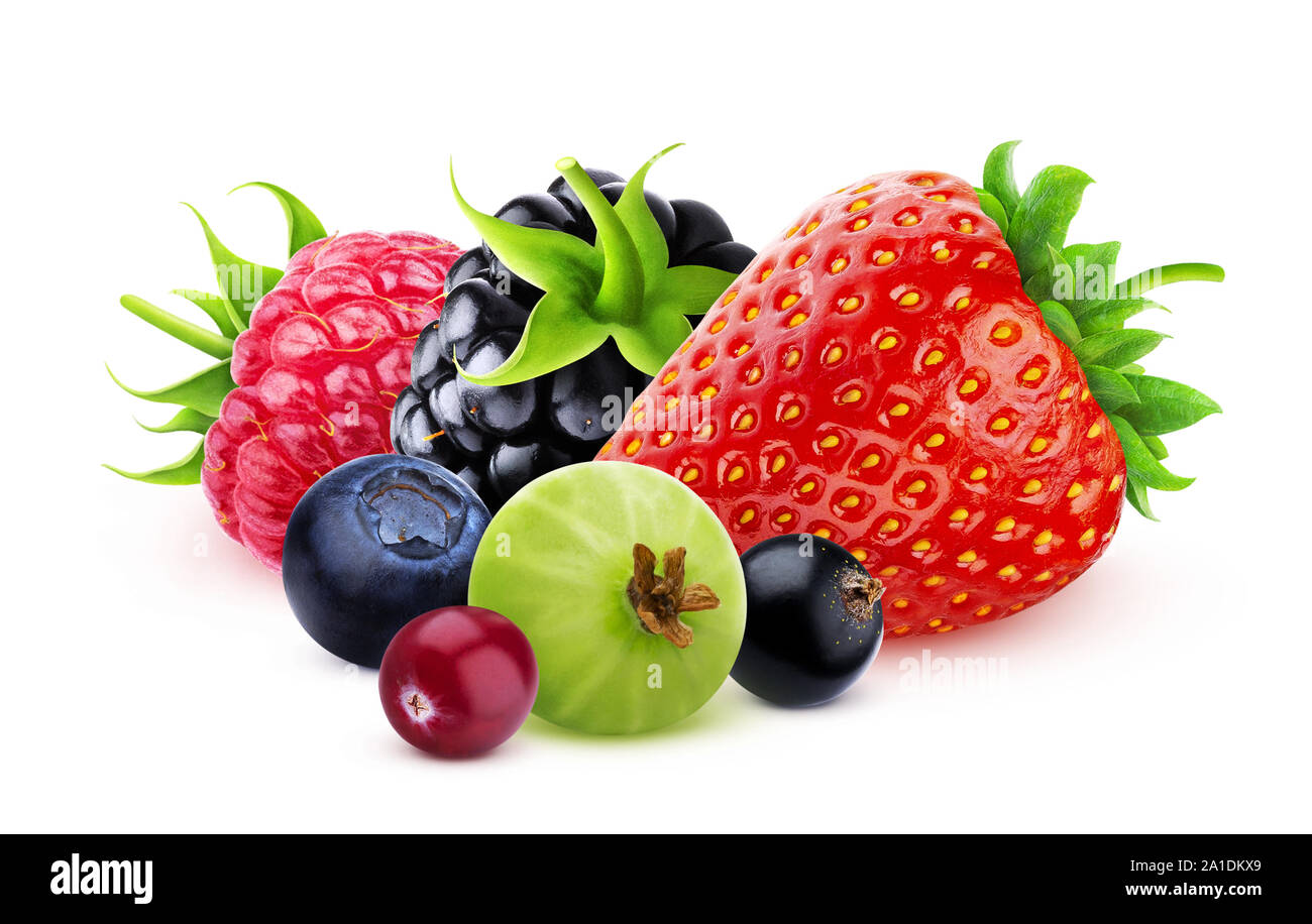 Pile of different wild berries isolated on white background with ...