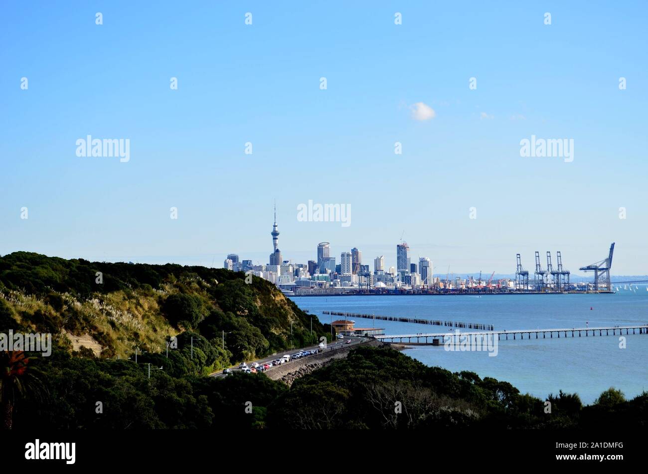 View of Auckland City skyline from top of Bastion Point, New Zealand ...