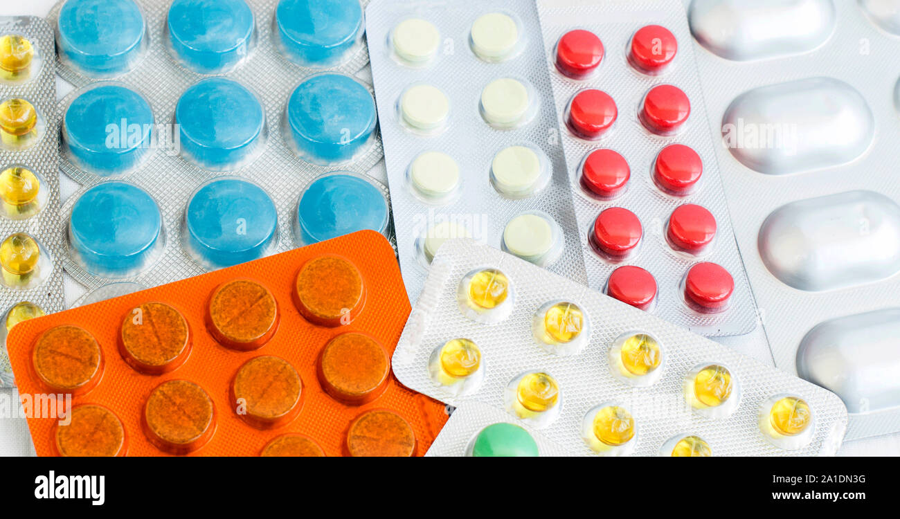 A variety of different colored pills for the treatment and prevention ...
