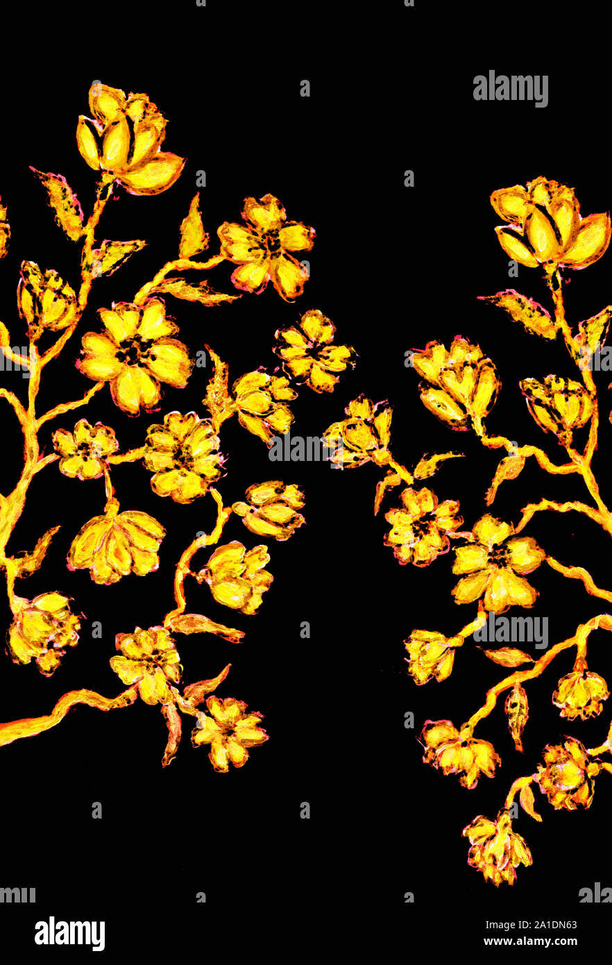 Decorative golden sakura on red background, watercolor illustration ...