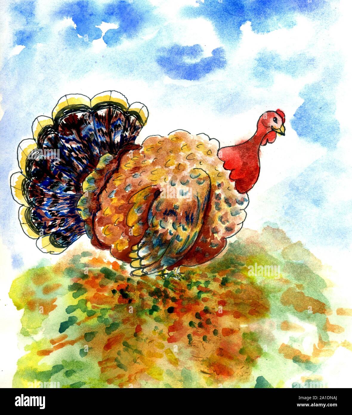 Watercolor painting of a stylized cartoon turkey bird Stock Photo - Alamy
