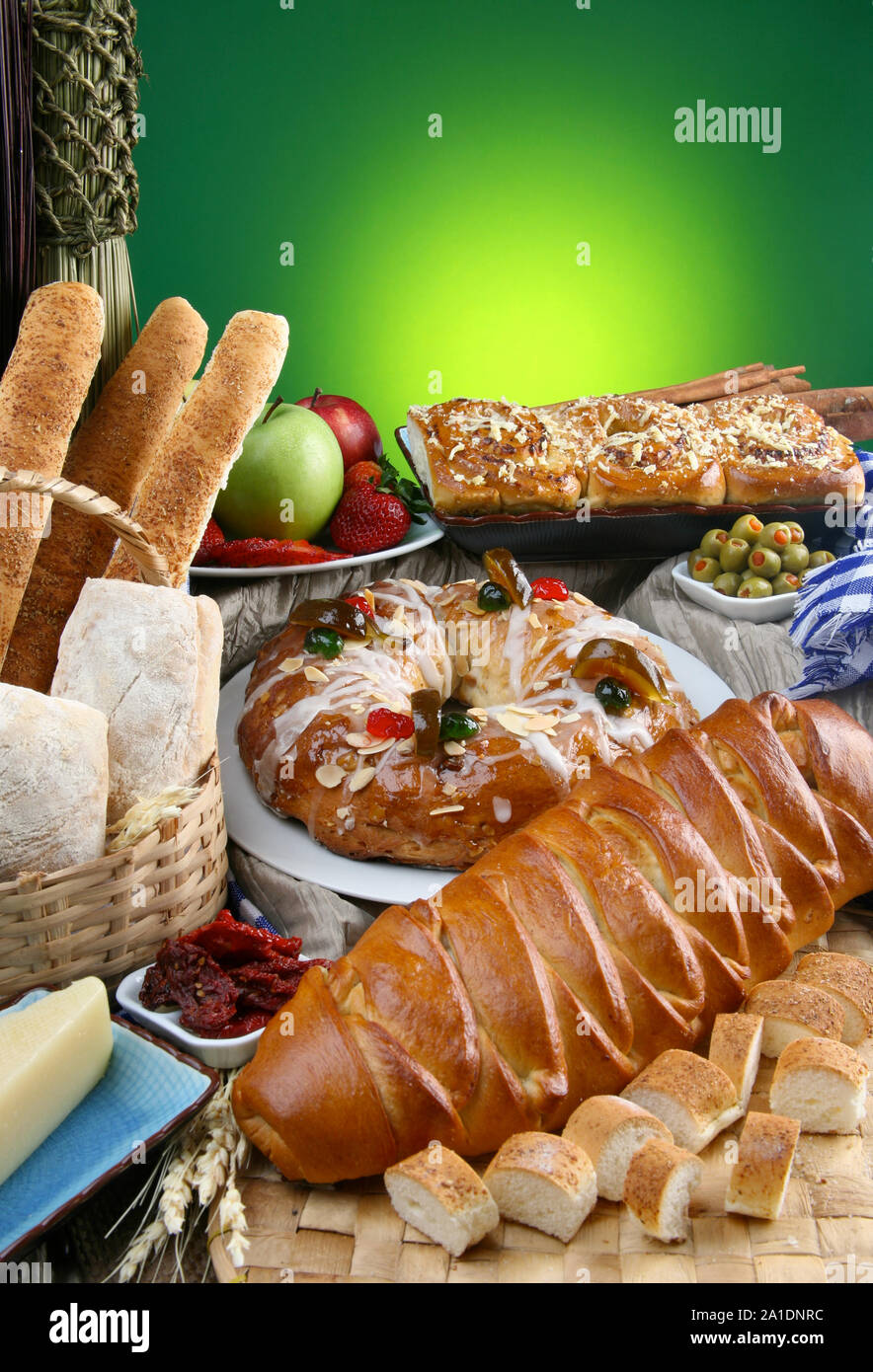 Still life with bakery products, breads and pastries Stock Photo - Alamy