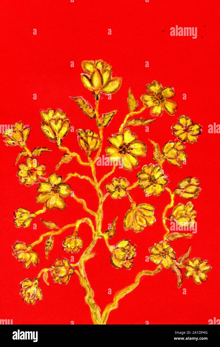 Decorative golden sakura on red background, watercolor illustration ...