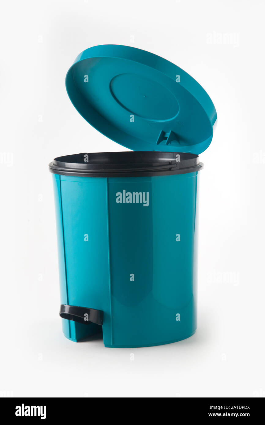 blue plastic trash can, isolated on white background Stock Photo - Alamy