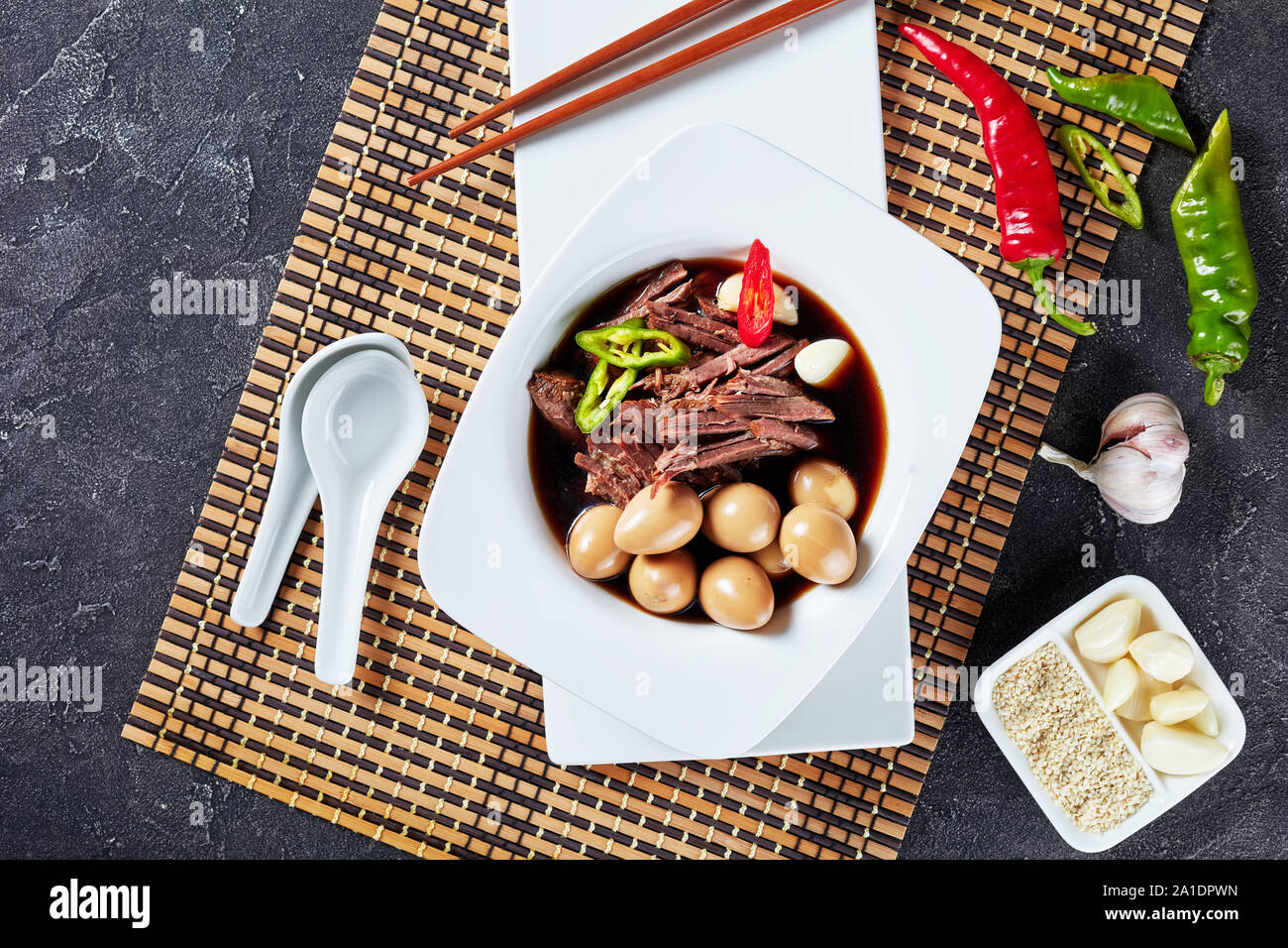Korean food, Jangjorim, beef braised in soy sauce served in white bowl ...