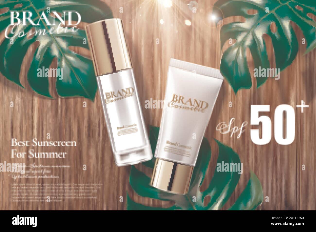 Cosmetic product ads lying on wooden table with monstera leaf in 3d ...