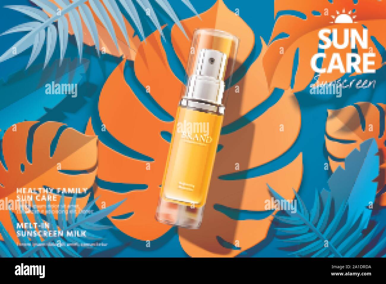 Sunscreen spray product lying on colorful paper art tropical leaves in ...
