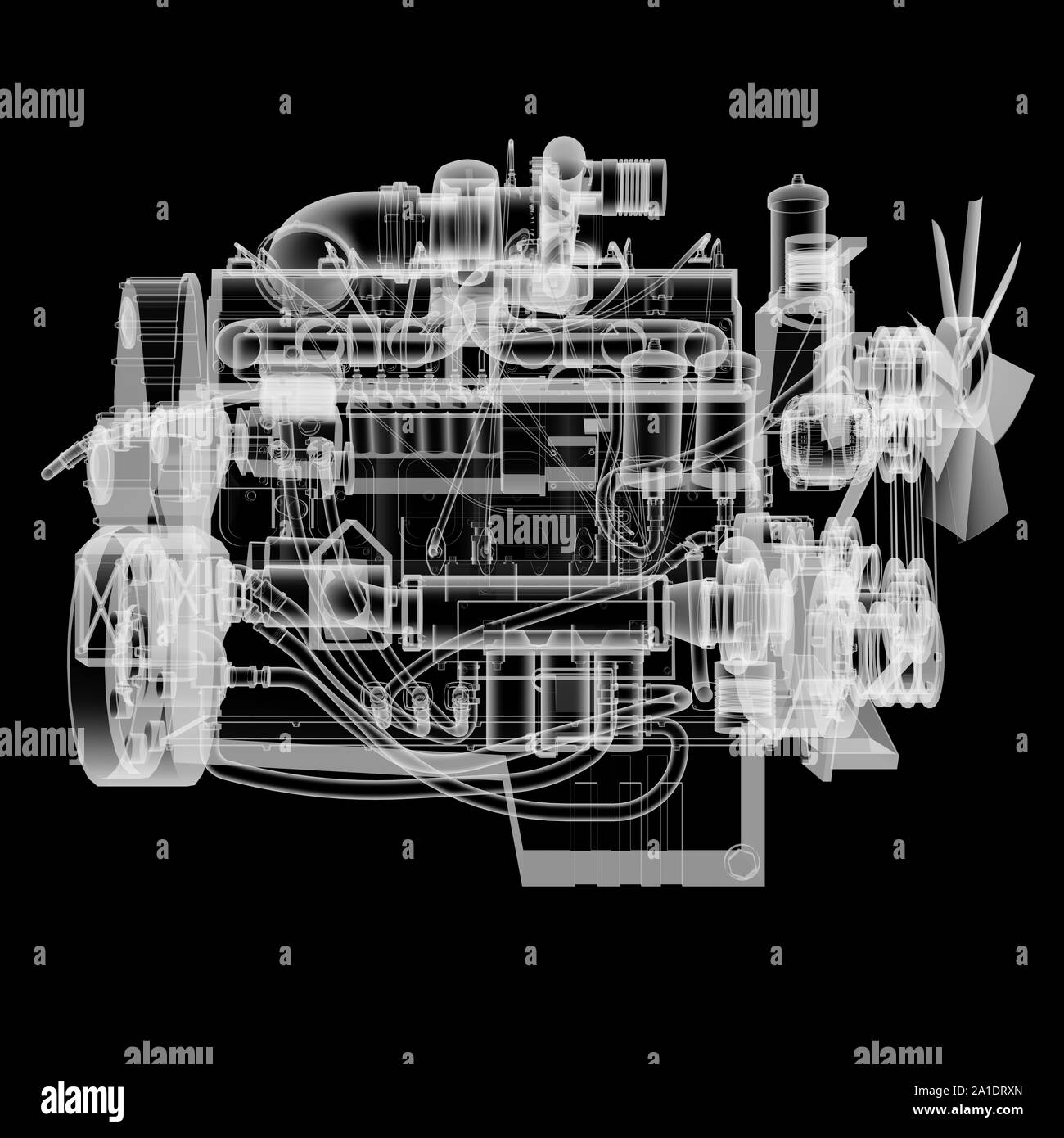 Internal combustion engine X-Ray style. Isolated on black background ...