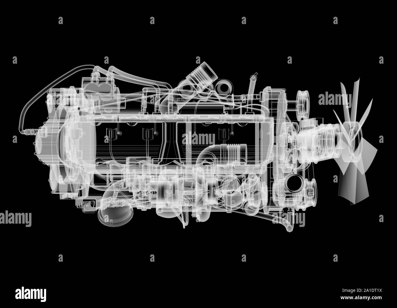 Internal combustion engine X-Ray style. Isolated on black background ...