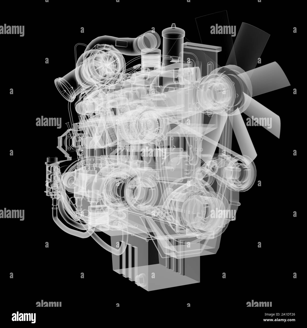Internal combustion engine X-Ray style. Isolated on black background ...