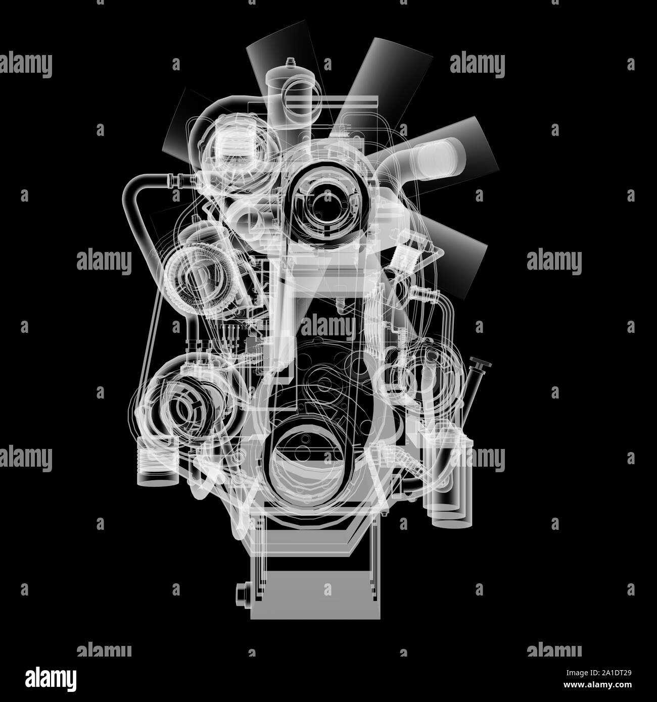 Internal combustion engine X-Ray style. Isolated on black background ...