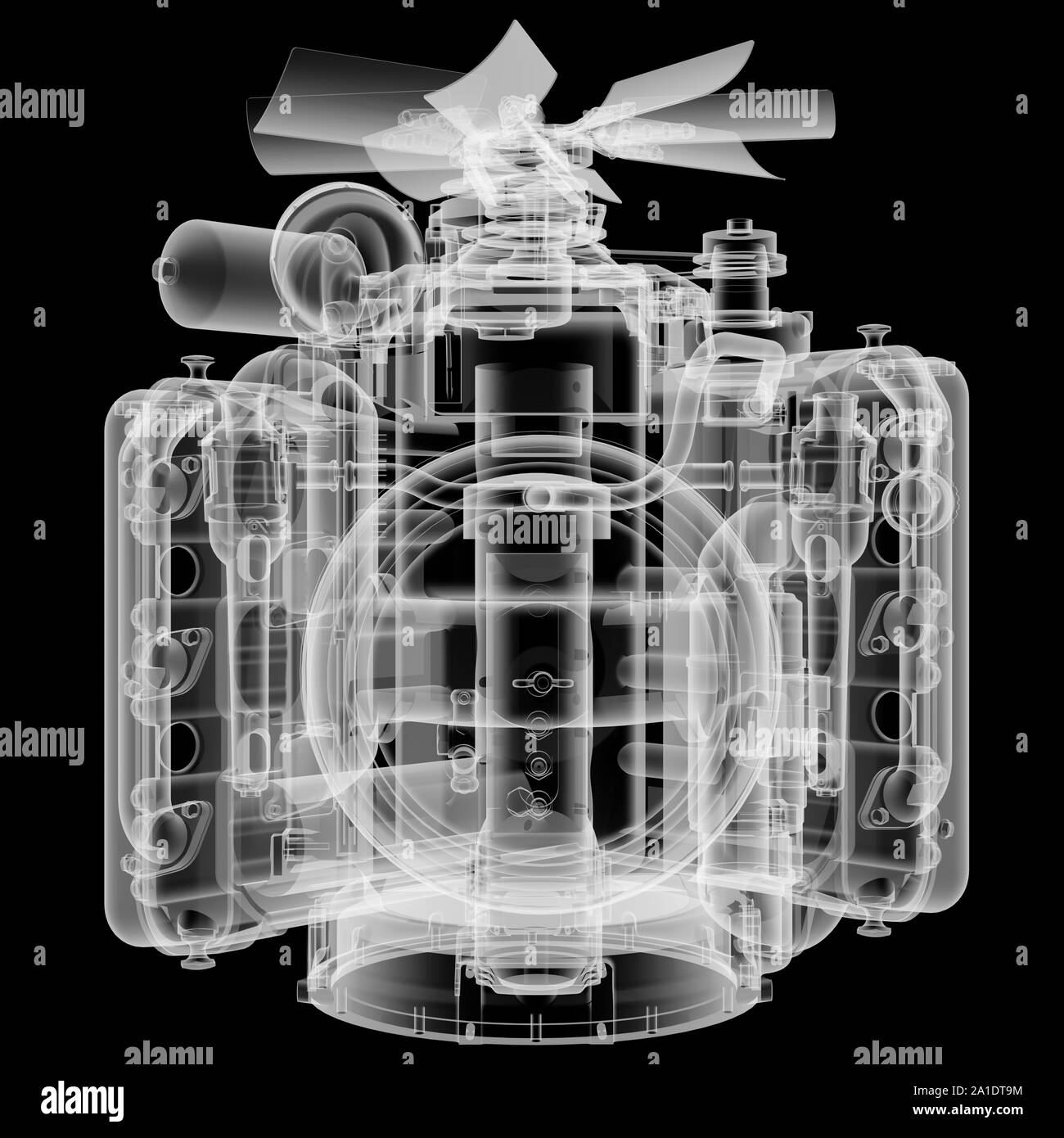 Internal combustion engine X-Ray style. Isolated on black background ...