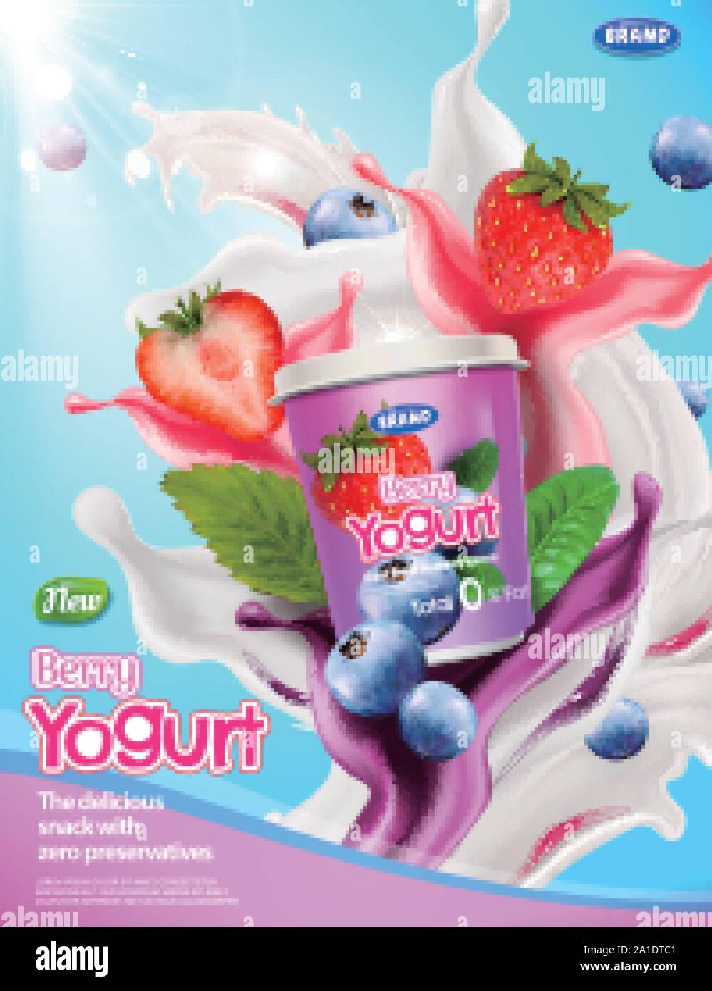 Berry yogurt ads with splashing sauce and berries on blue background in ...