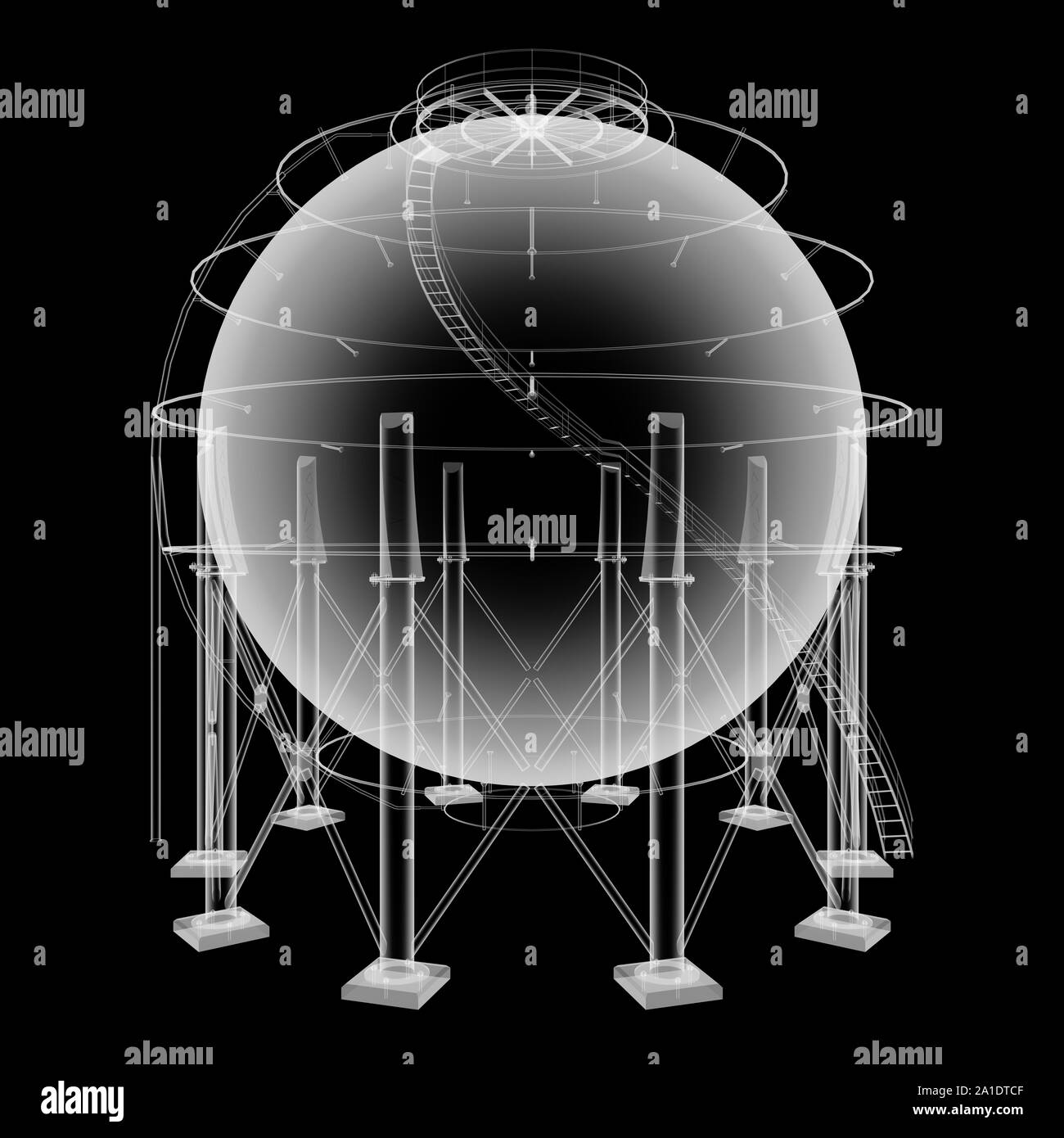 Round oil or gas tank. X-ray render isolated on black background. 3D ...