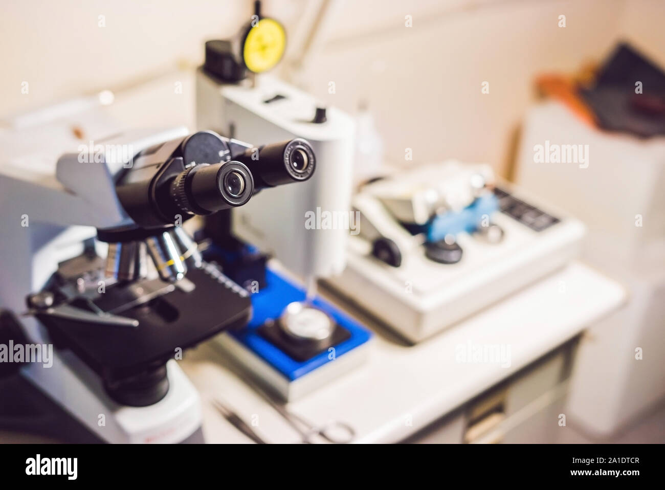 A sample preparation table in aelecron microscopy laboratory with an ...