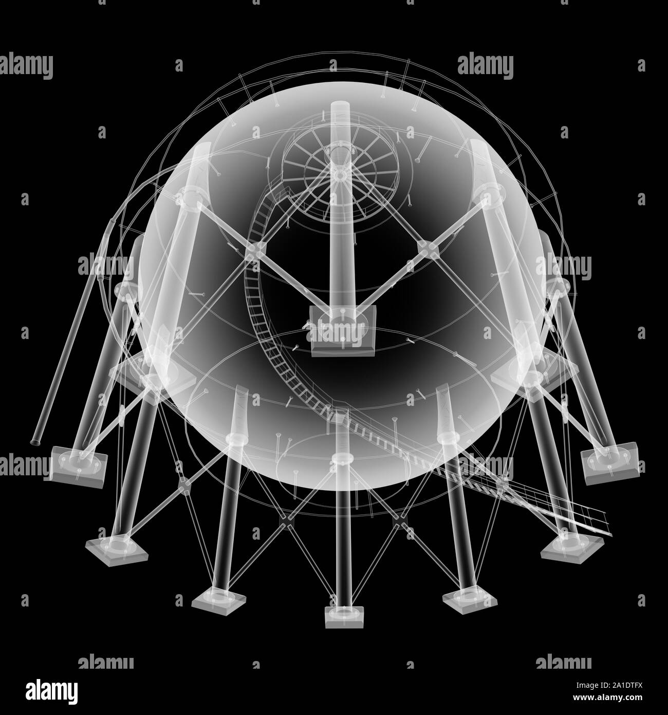 Round oil or gas tank. X-ray render isolated on black background. 3D ...
