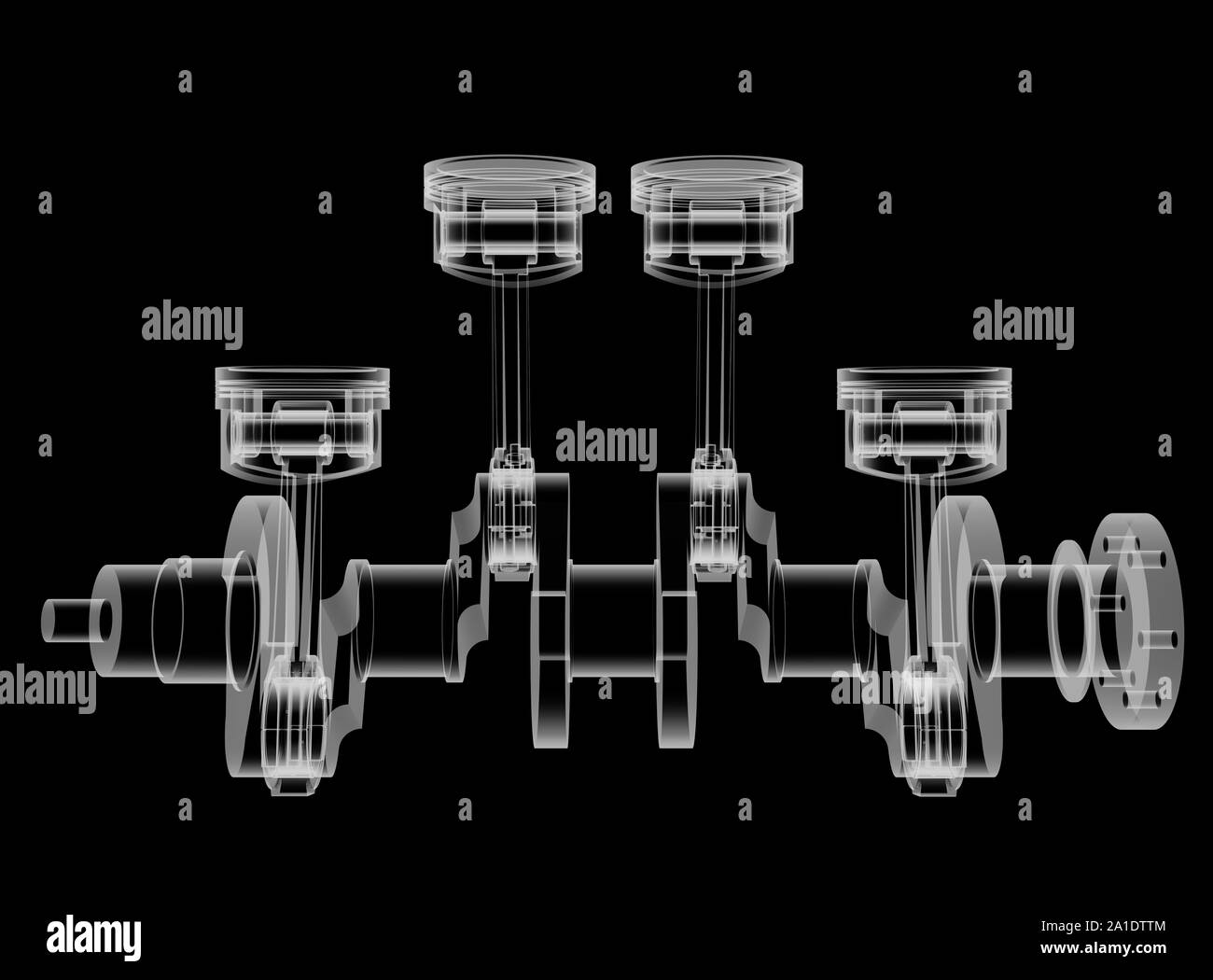 Pistons and crankshaft X-Ray style. Isolated on black background. 3D ...
