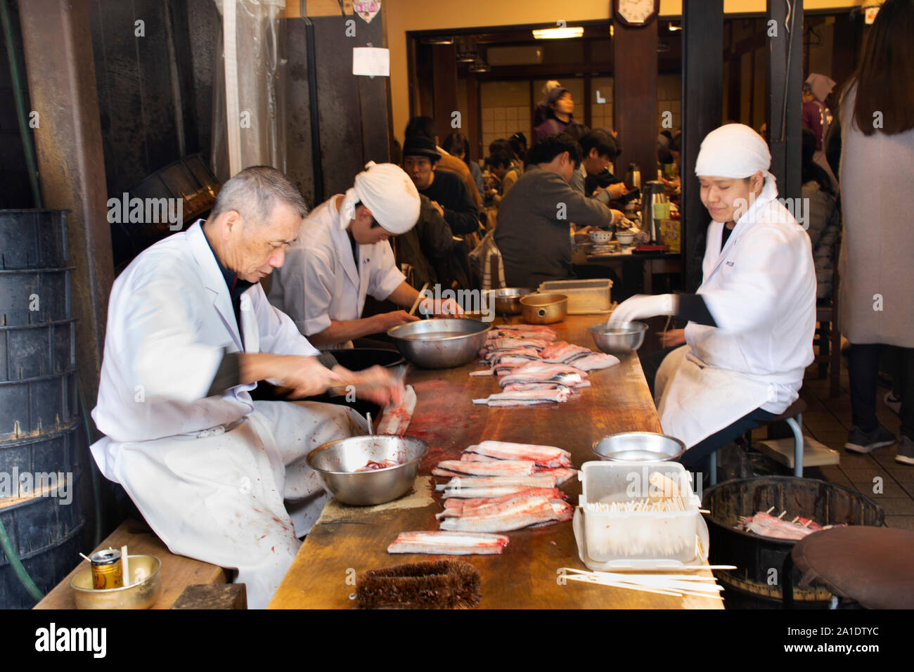Japanese people kill and fillet eel fish for show and cooking kabayaki ...