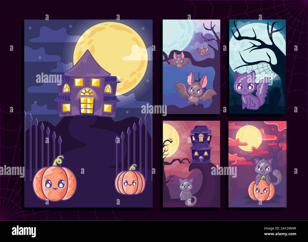 set of cards with halloween scenes vector illustration design Stock ...