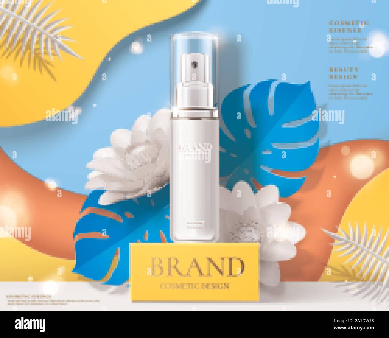 Cosmetic spray ads on square podium with paper art flowers and tropical ...