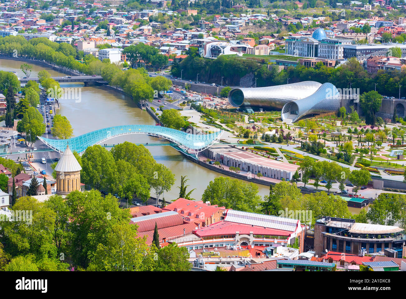 Tbilisi, Georgia aerial skyline with river, Bridge of Peace and concert ...