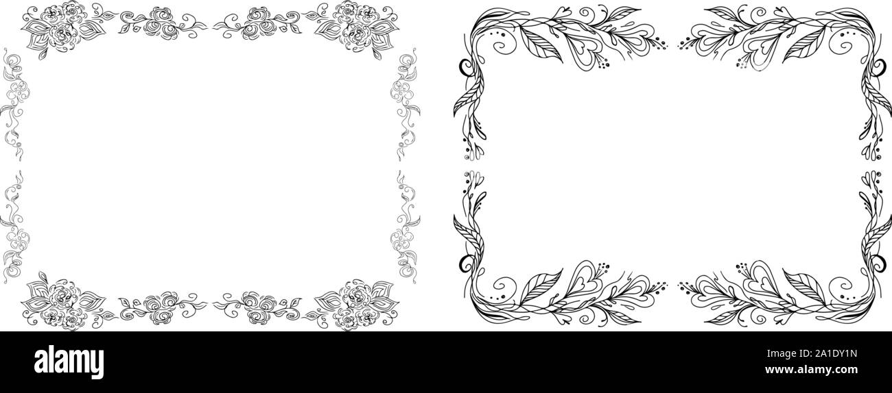 Tropical hand-drawn floral rectangular shaped frames. Outline set ...