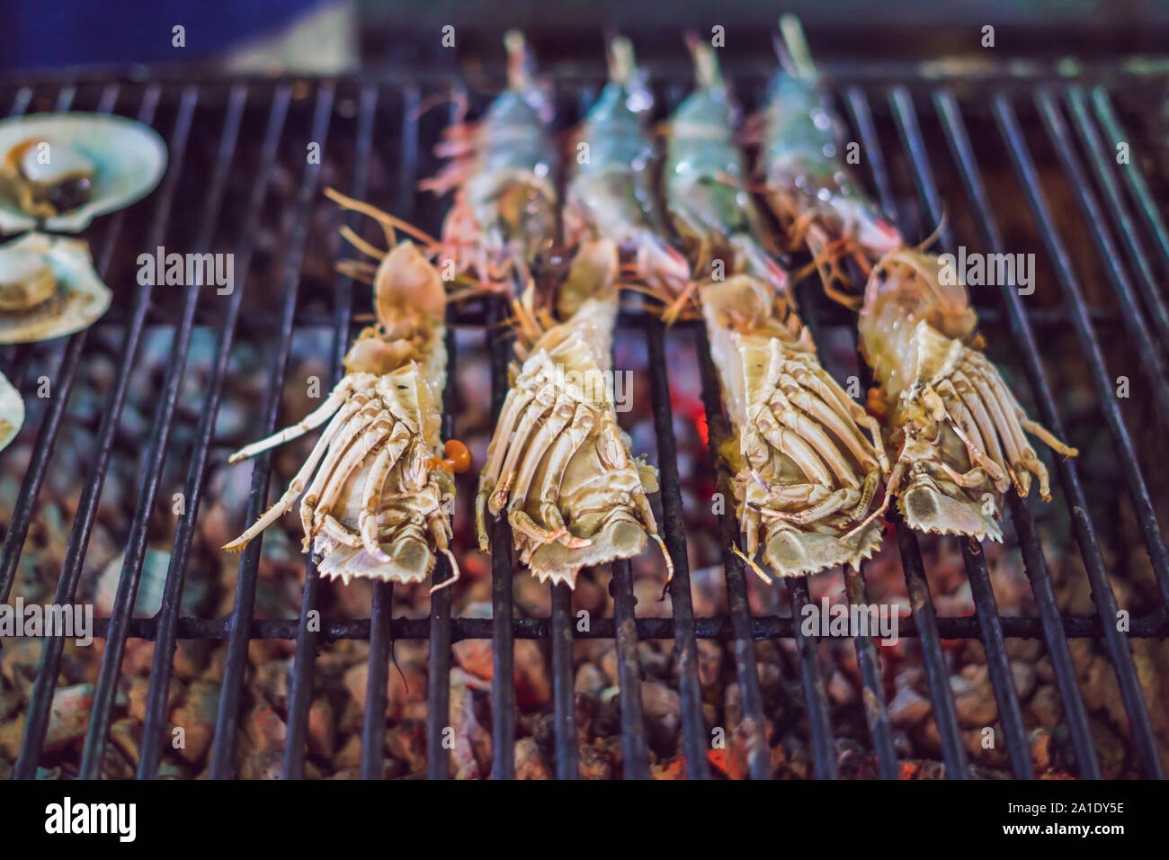 Grilled fresh seafood, food background Barbecue Cooking BBQ seafood on ...