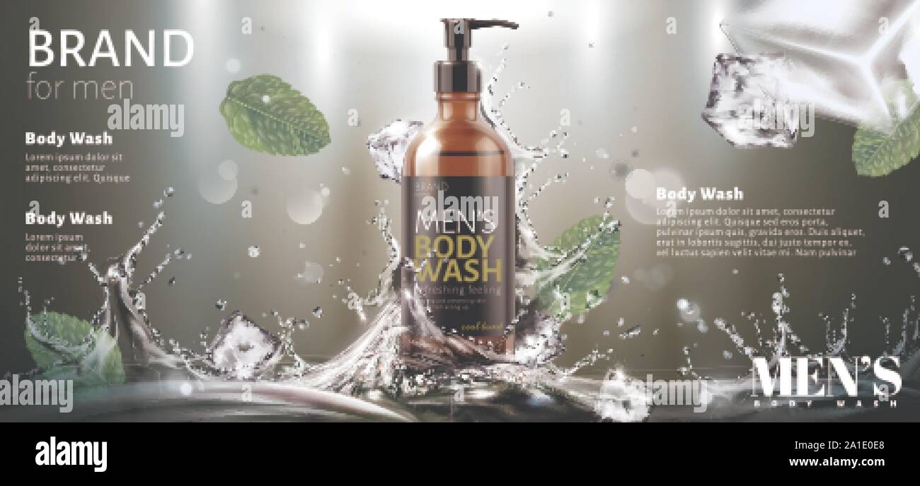 Men's body wash ads with splashing water and ice cubes effect in 3d ...