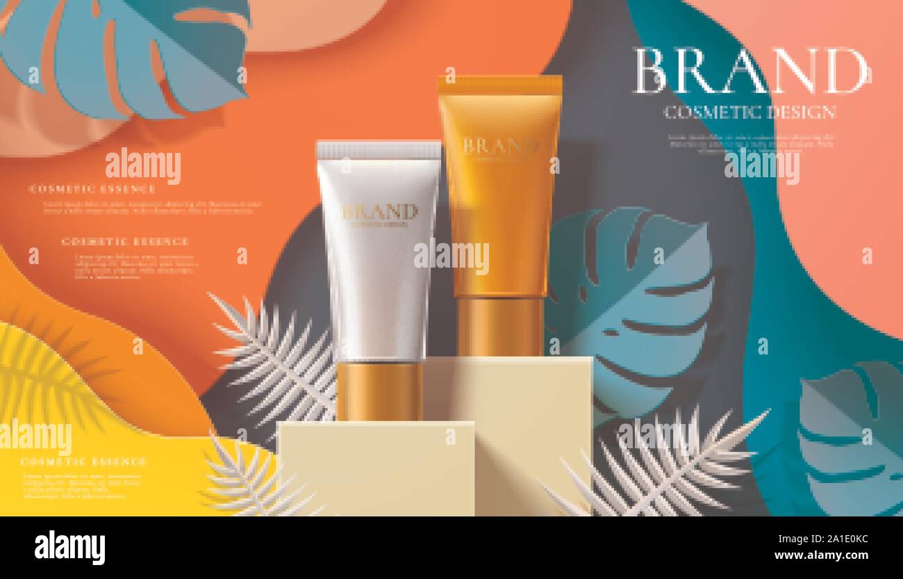 Cosmetic plastic tube ads on paper art jungle background in 3d ...