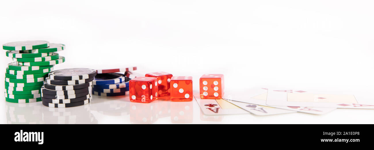 Header with Poker chips, dice and playing cards, casino and gamble ...