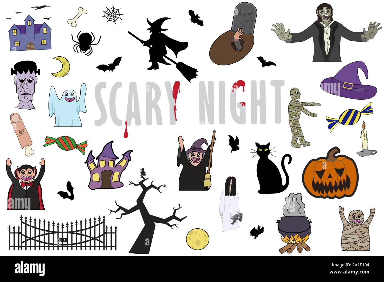 Set of different vector illustration for halloween on white background ...
