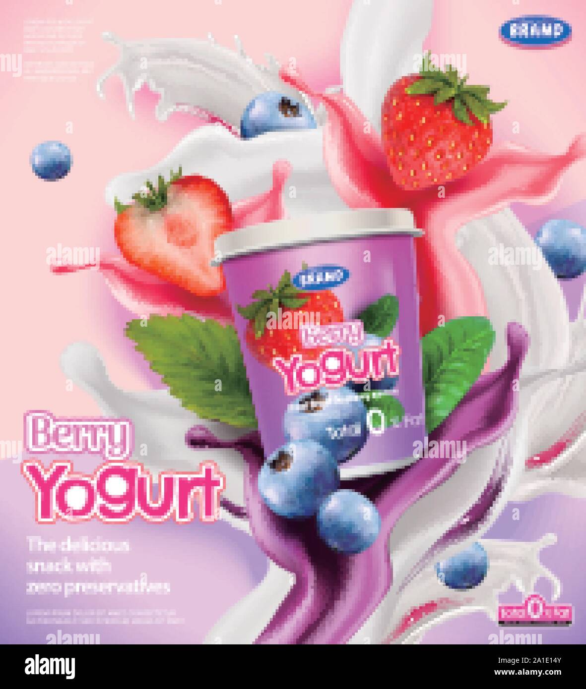 Berry yogurt ads with splashing sauce and strawberries, blueberries on ...