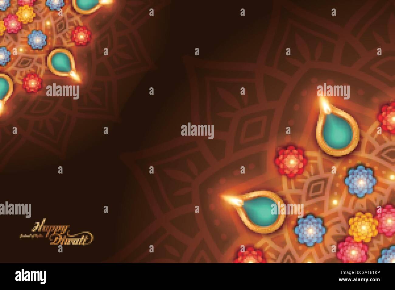 Elegant happy Diwali with oil lamp on rangoli pattern design, top view ...