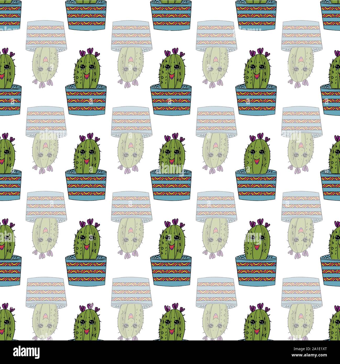 Cute cartoon kawaii style hand drawn cacti seamless pattern background ...